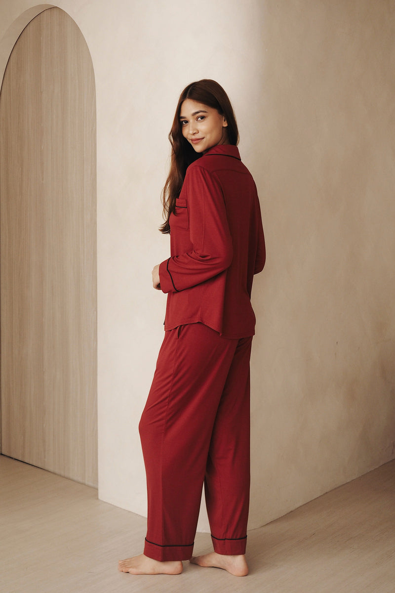 Signature Long Pyjamas Set in Wine – Selenightco